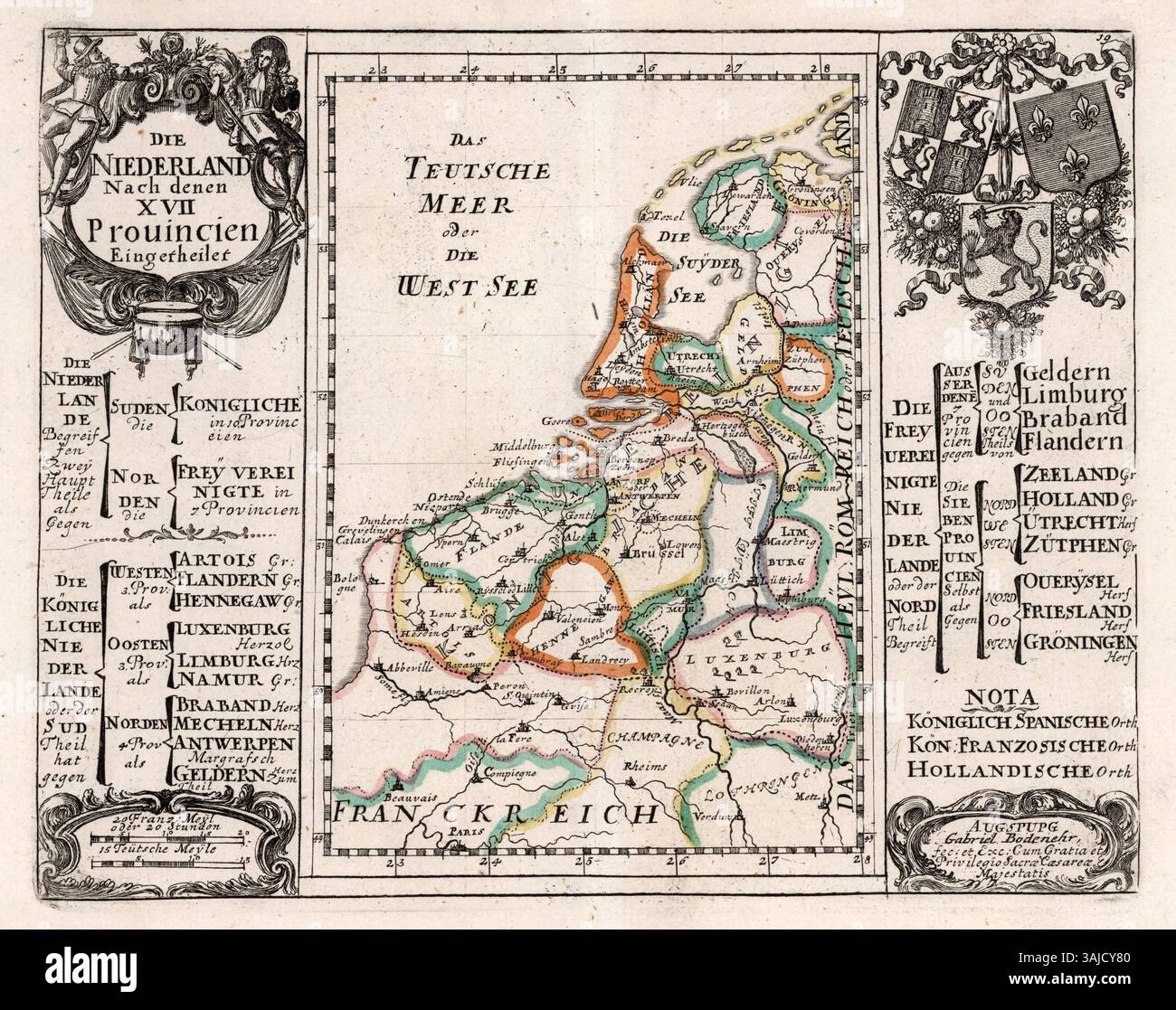 This engraved and hand-colored map, created by Gabriel Bodenehr in 1716 ...