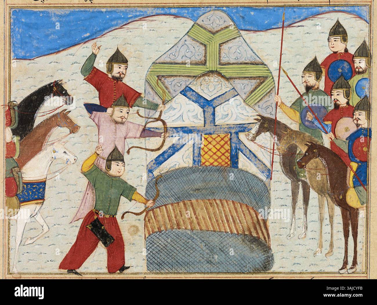 This miniature captures a battle scene at the camp of Oghuz Khan during ...