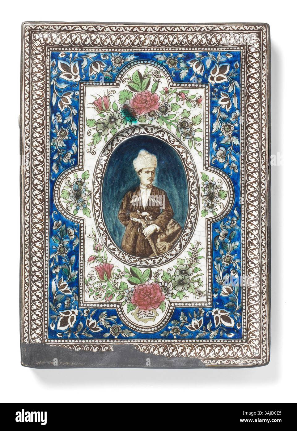 This Qajar underglaze-painted tile, circa 1880, depicts a man in traditional Caucasus dress ...