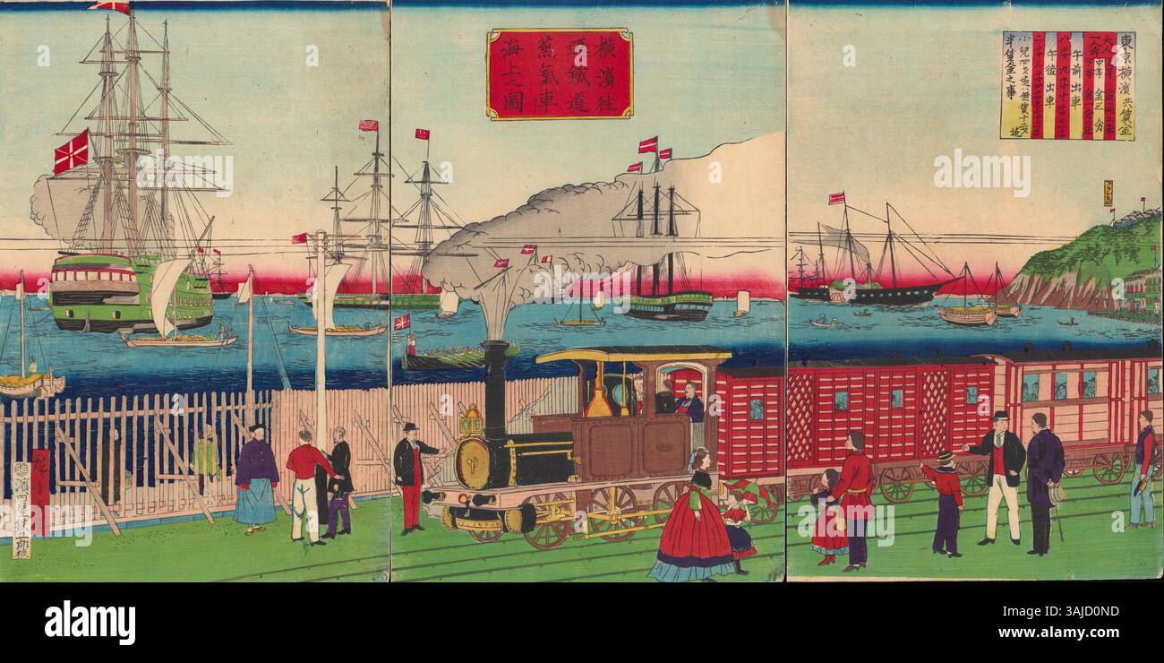 This 1874 woodblock print by Hiroshige III portrays a steam engine ...