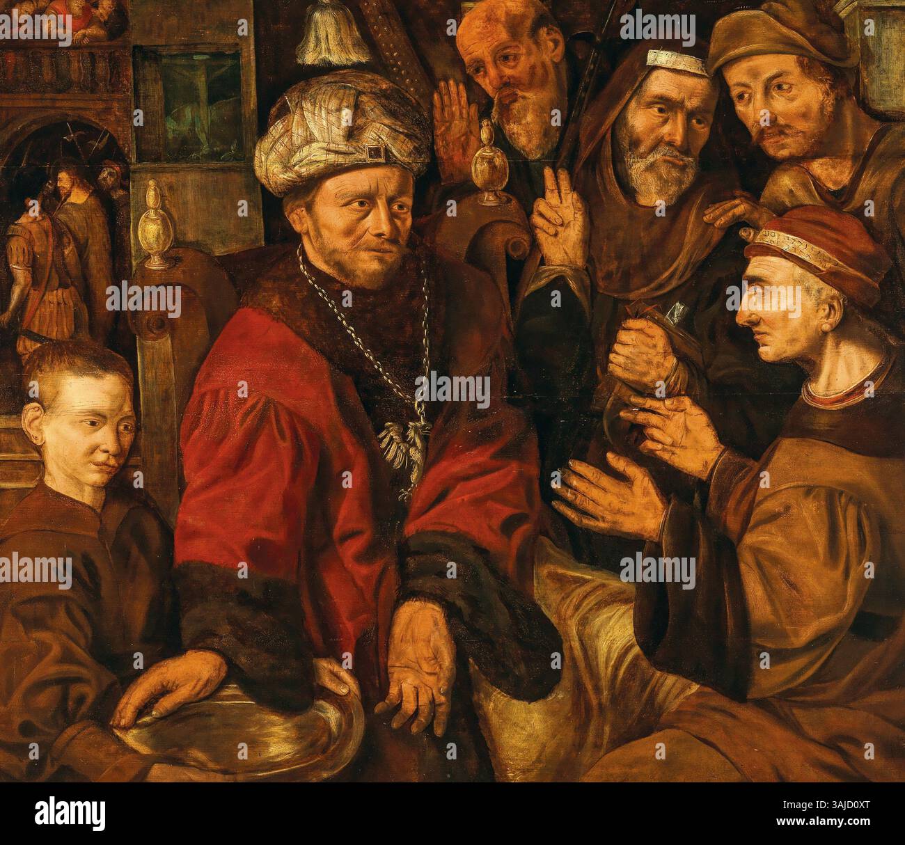This Flemish 16th-century oil on wood painting depicts Pontius Pilate ...