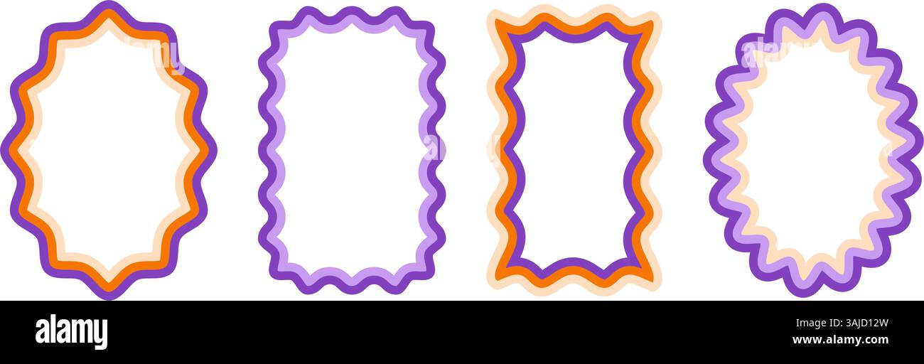 Retro wavy pattern frame set. Scalloped ellipse and rectangle border collection. Wavy edge ...
