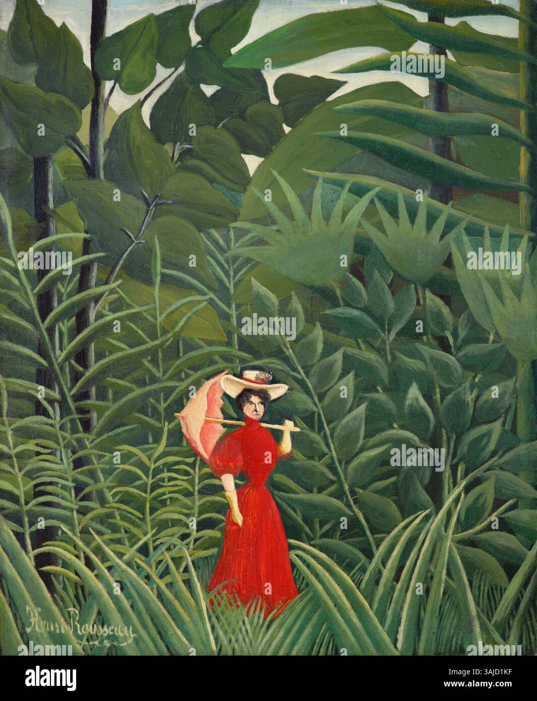 Henri Rousseau’s *Femme en rouge dans la forêt* (1905) depicts a woman ...