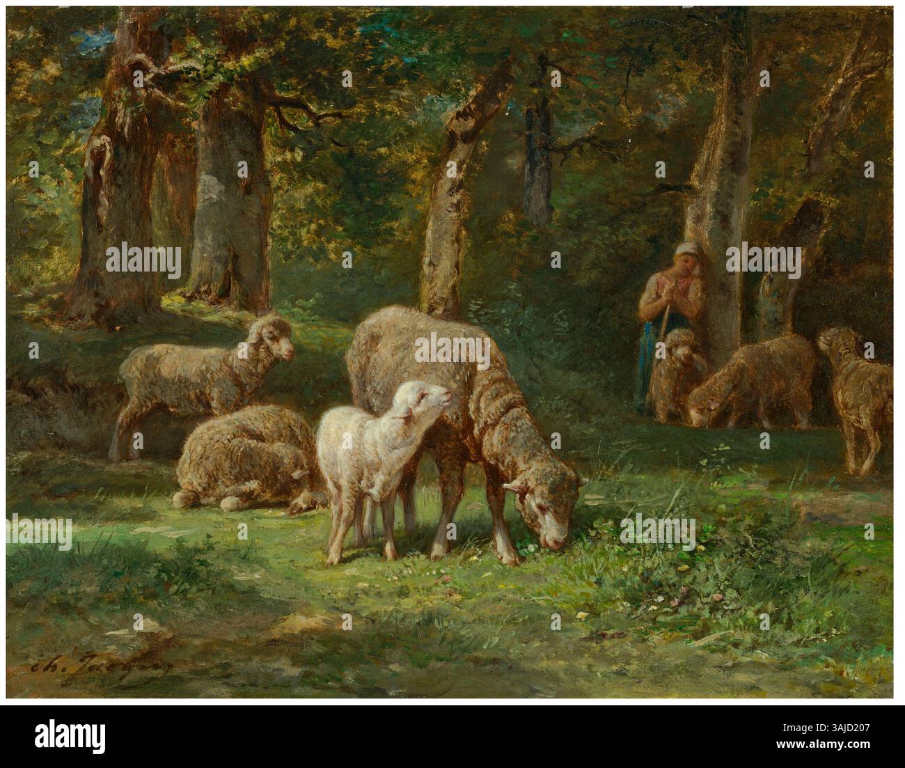 Charles-Emile Jacque's 19th-century oil painting depicts a shepherdess with her flock of sheep ...