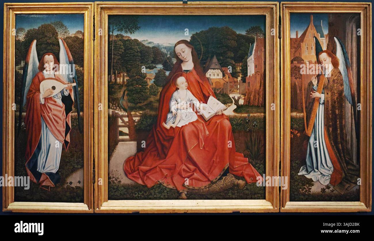 This triptych painting depicts the Virgin and Child in the center, flanked by two angels playing ...