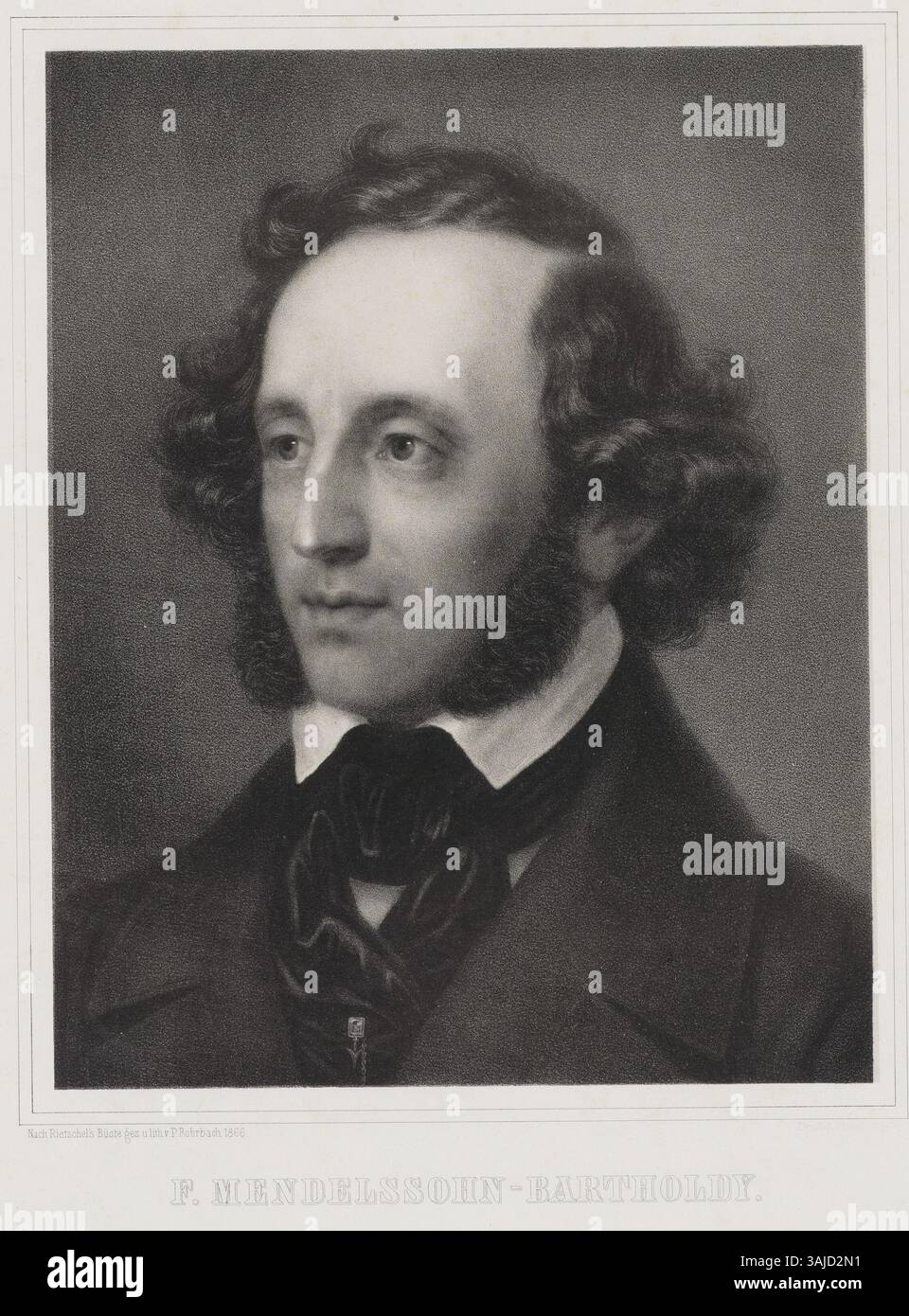A lithograph portrait of composer Felix Mendelssohn Bartholdy, created ...