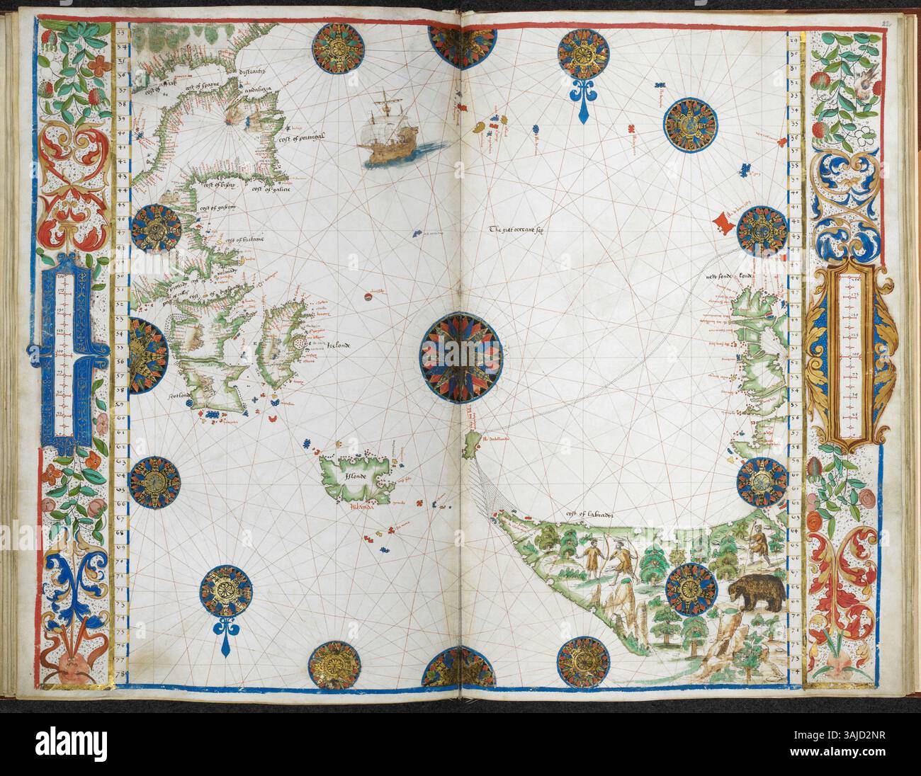 A 1542 map of the Atlantic Ocean from Boke of Idrography by Jean Rotz ...