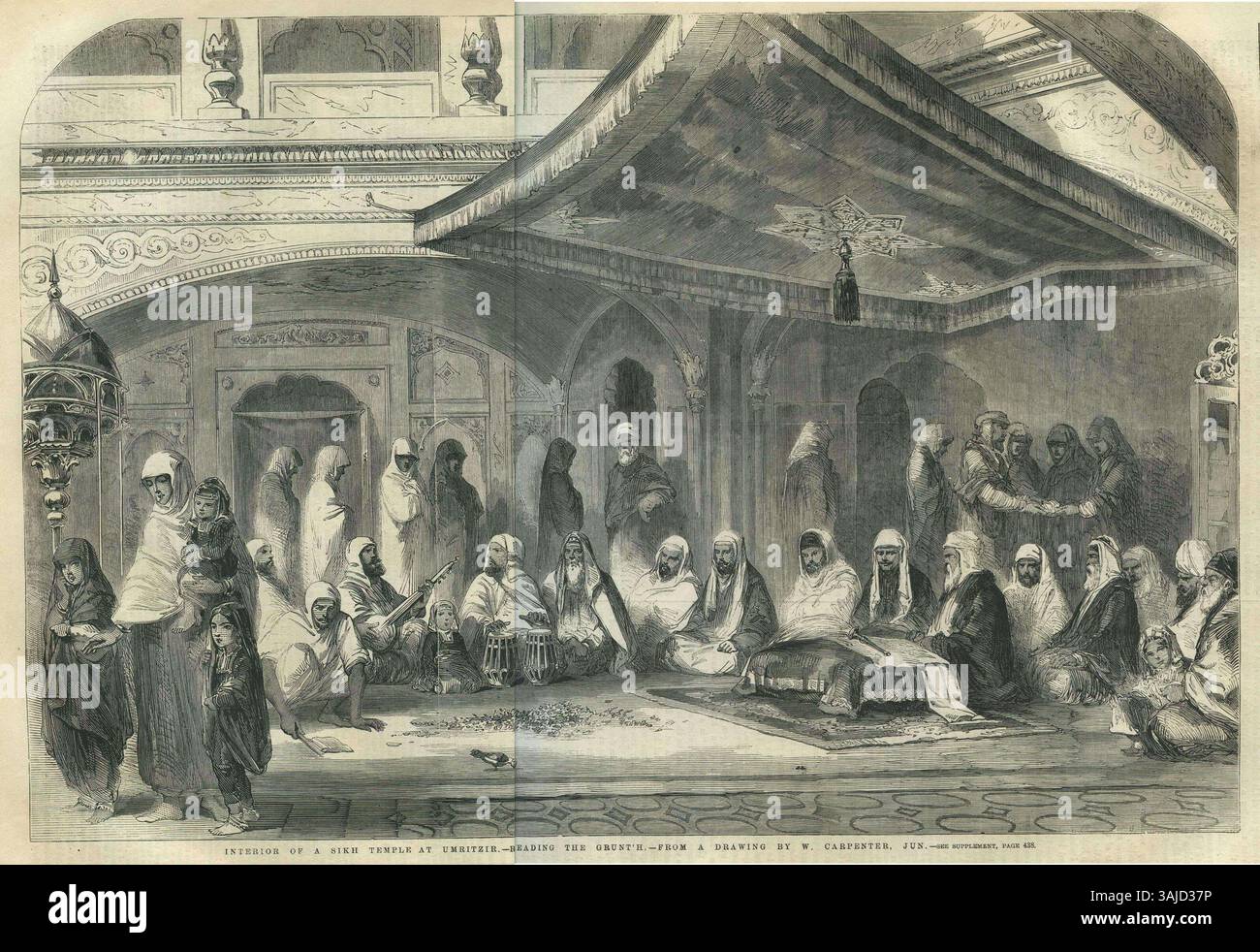 The illustration depicts the interior of a Sikh temple, Harmandir Sahib ...