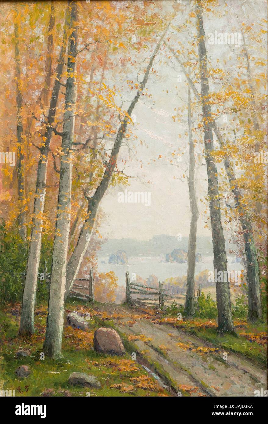 Ellen Favorin’s 'Autumn Landscape' (date unknown) is an oil on canvas ...