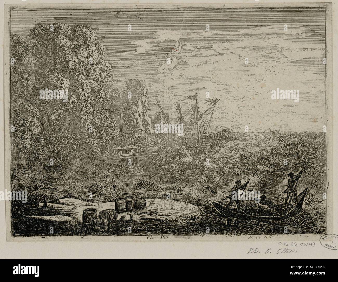 Print from 1630 depicting a storm scene, marked with a 'BIBLIOTHEQUE DE ...