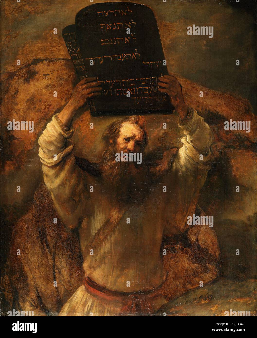 This painting depicts Moses descending from Mount Sinai, holding the ...