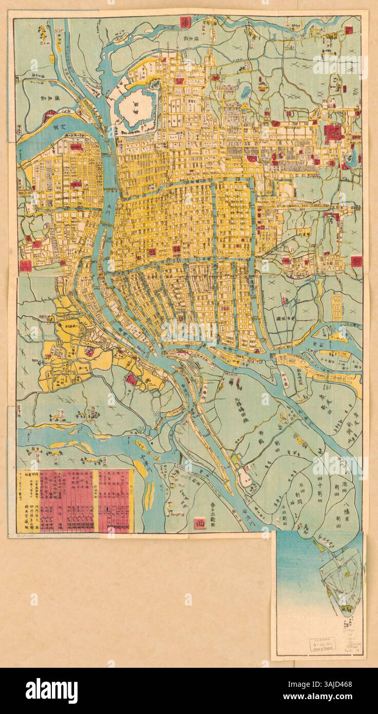 A woodblock print from 1863 by Zemb Itamiya, featuring a detailed map ...