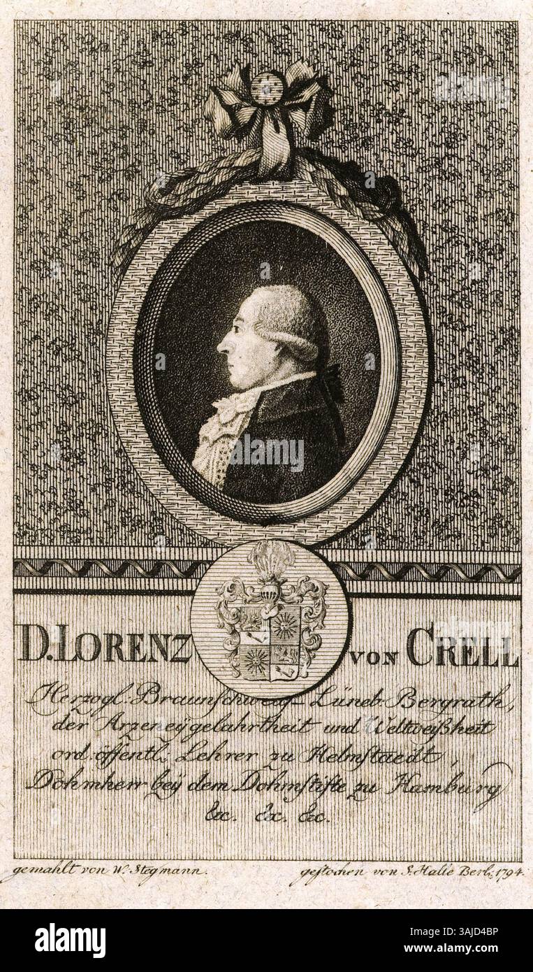This copper engraving, dated 1794, features D. Lorenz von Crell, a ...