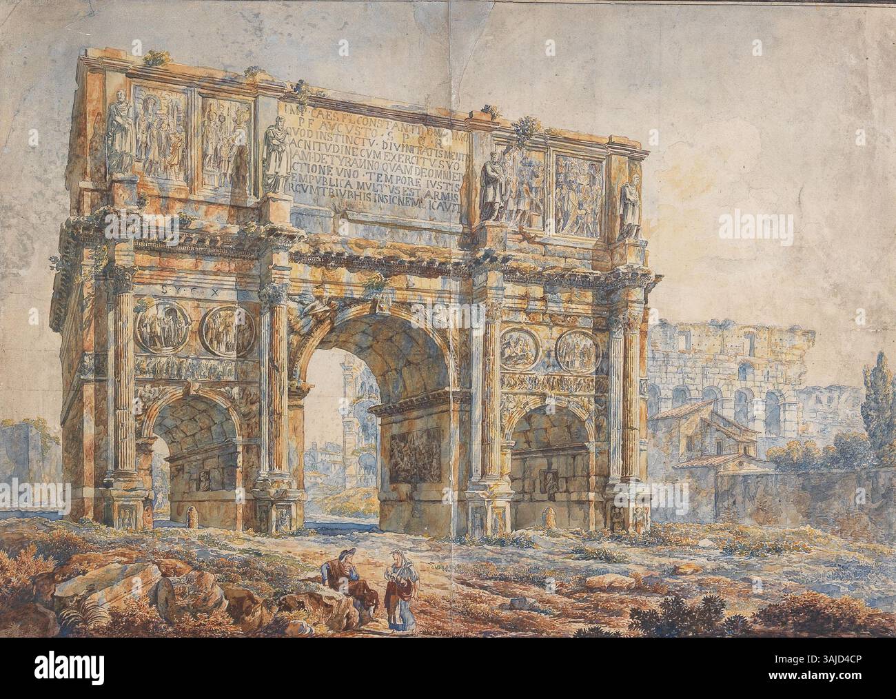 A 19th-century watercolor painting of the Arch of Constantine in Rome ...