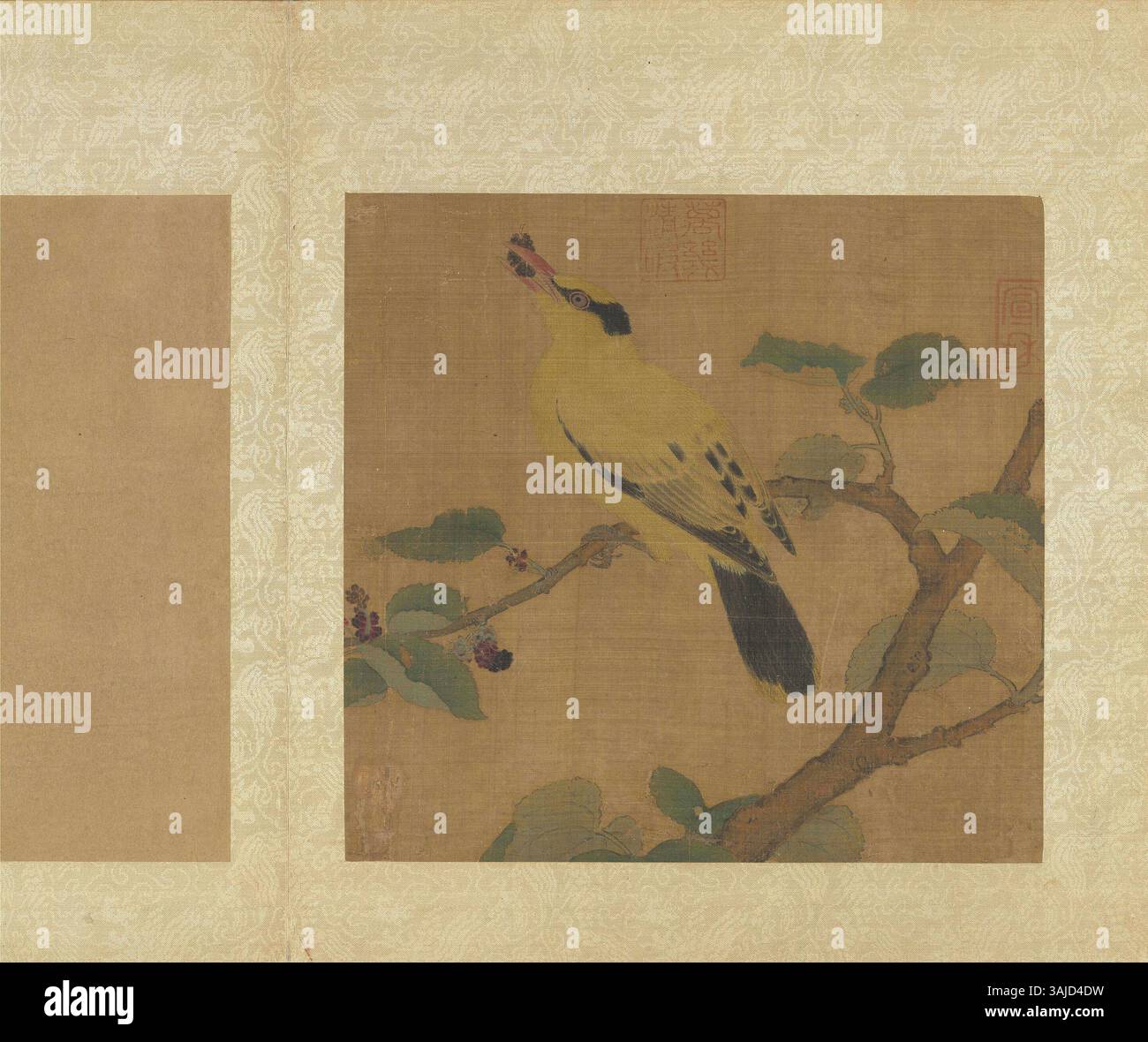 This artwork showcases a yellow bird perched on a mulberry branch, with ...