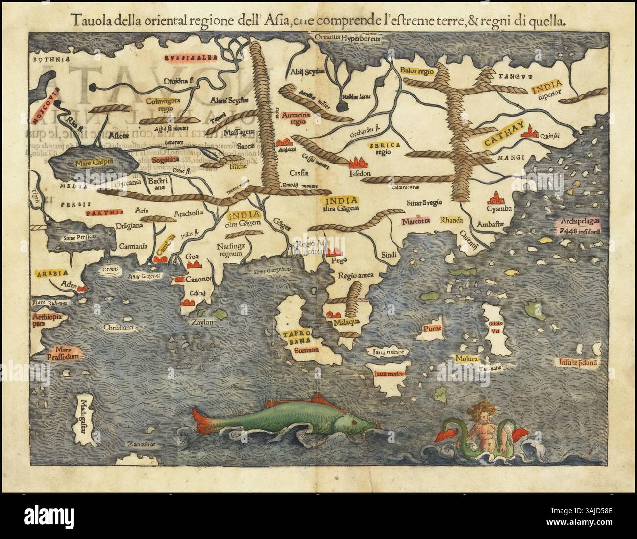 Sebastian Munster's 1550 map of Asia illustrates the geographical ...