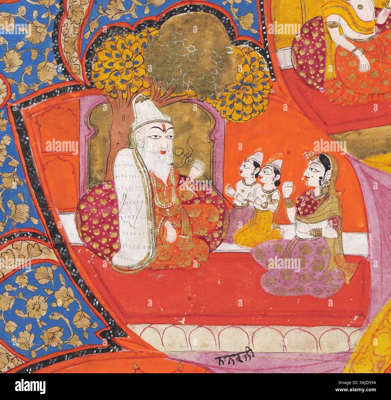 A 19th-century painting depicting Guru Nanak's family, including Guru Nanak, Mata Sulakhni, and ...