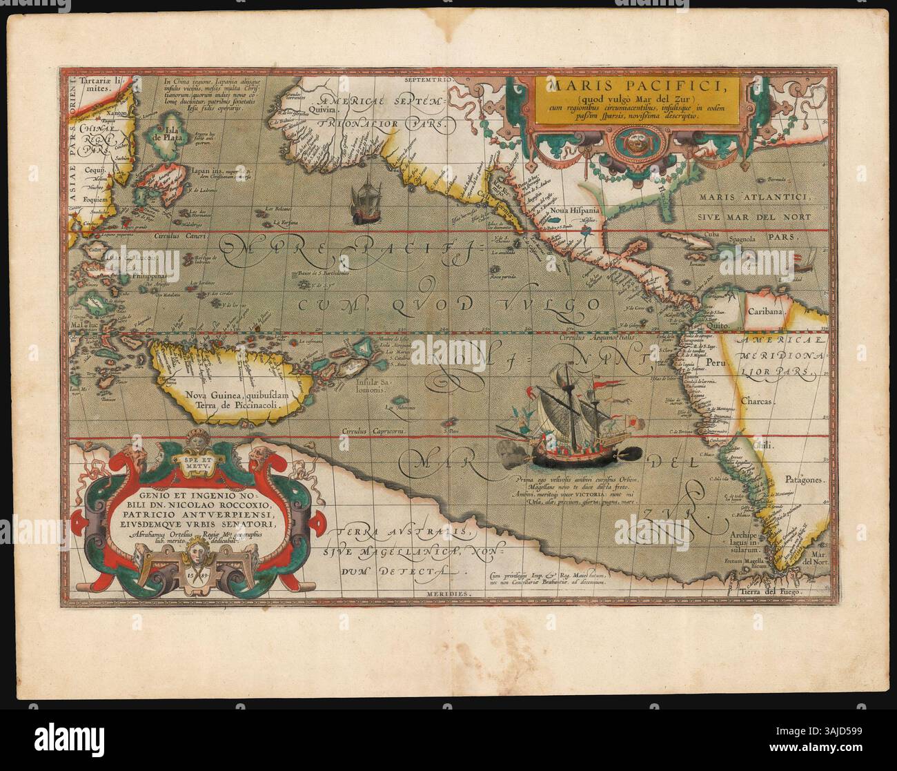 Abraham Ortelius' 1589 map Maris Pacifici depicts the Pacific Ocean ...