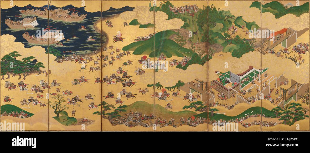 Folding screen depicting the Battle of Ichi-no-Tani, a key episode of ...