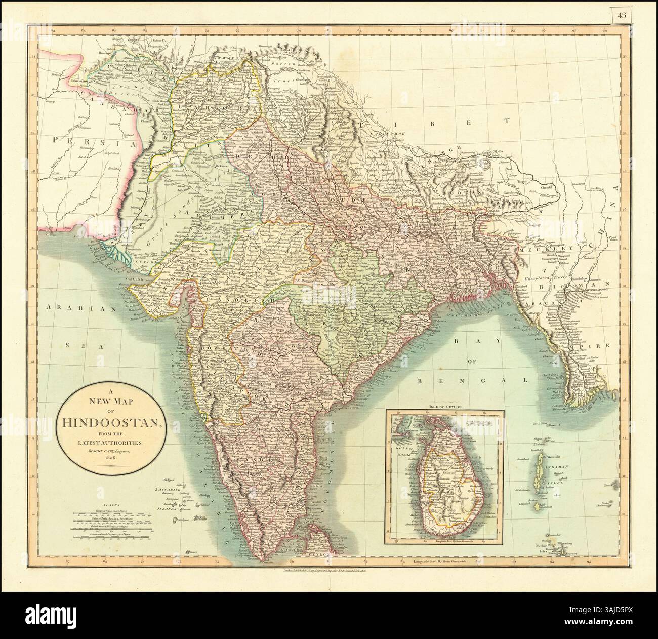 An 1806 map of India by John Cary, showcasing the geographic boundaries ...