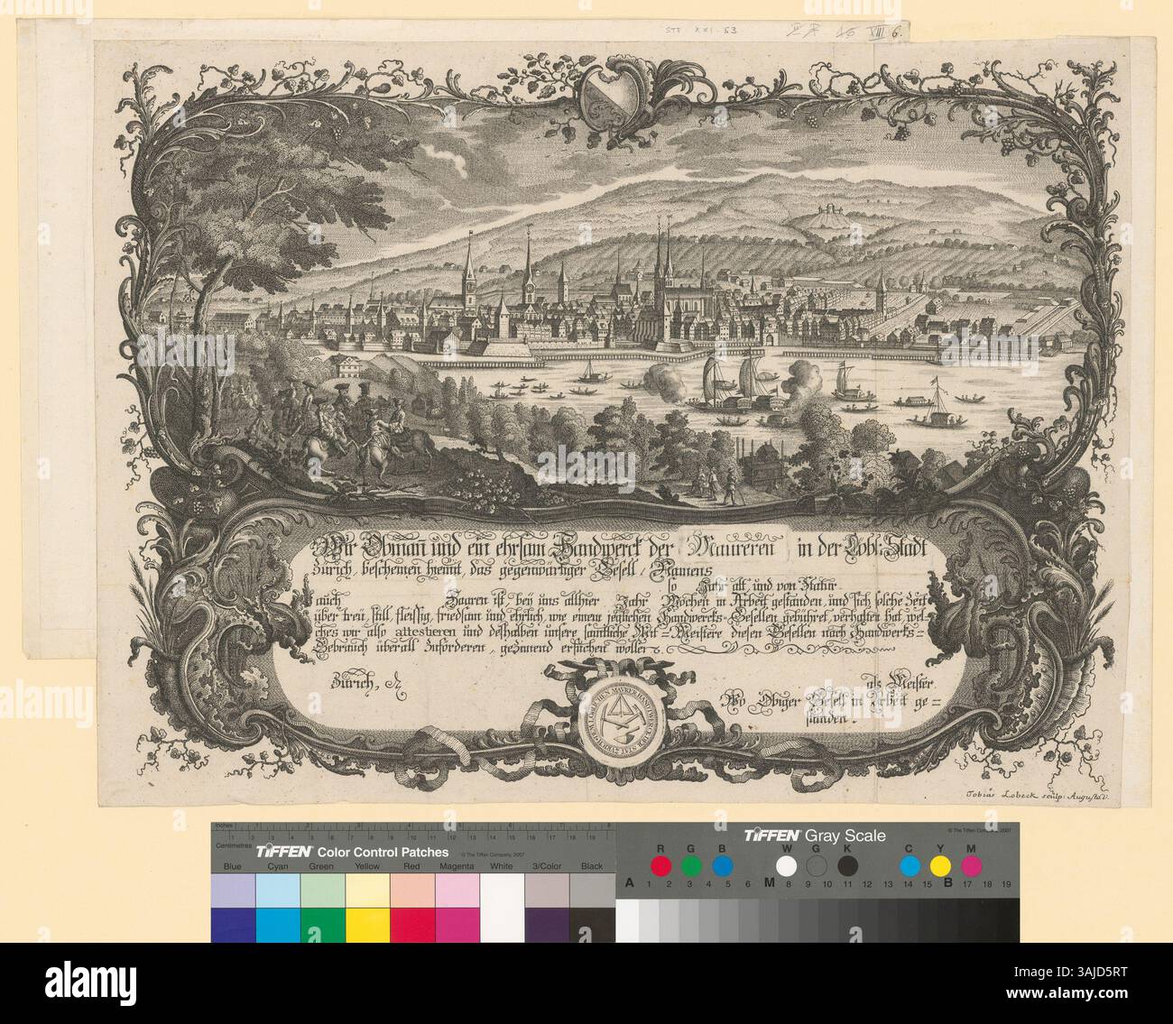 This circa 1760 etching depicts the Masons' Guild in Zurich, showing a ...