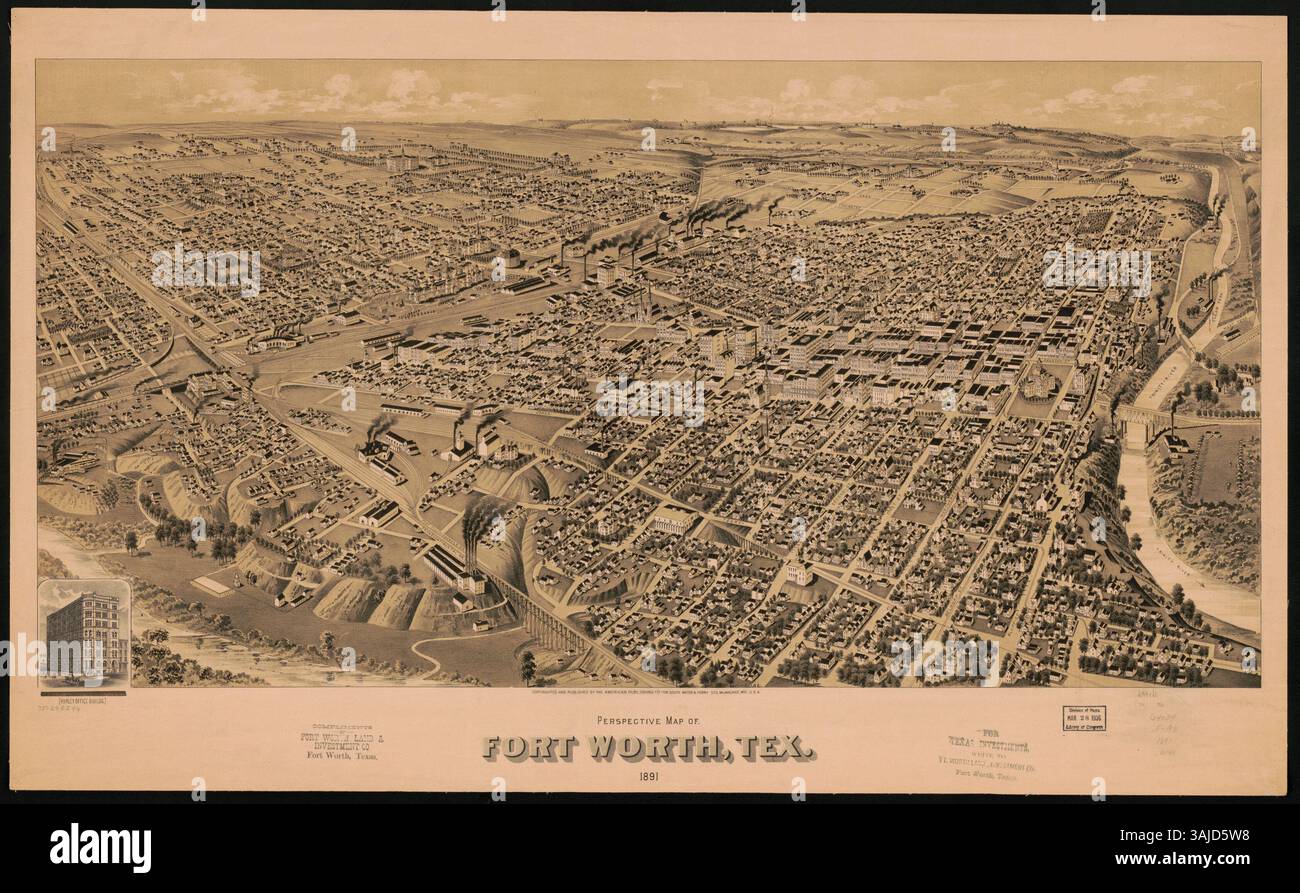 This 1891 perspective map of Fort Worth, Texas, offers a bird’s-eye ...