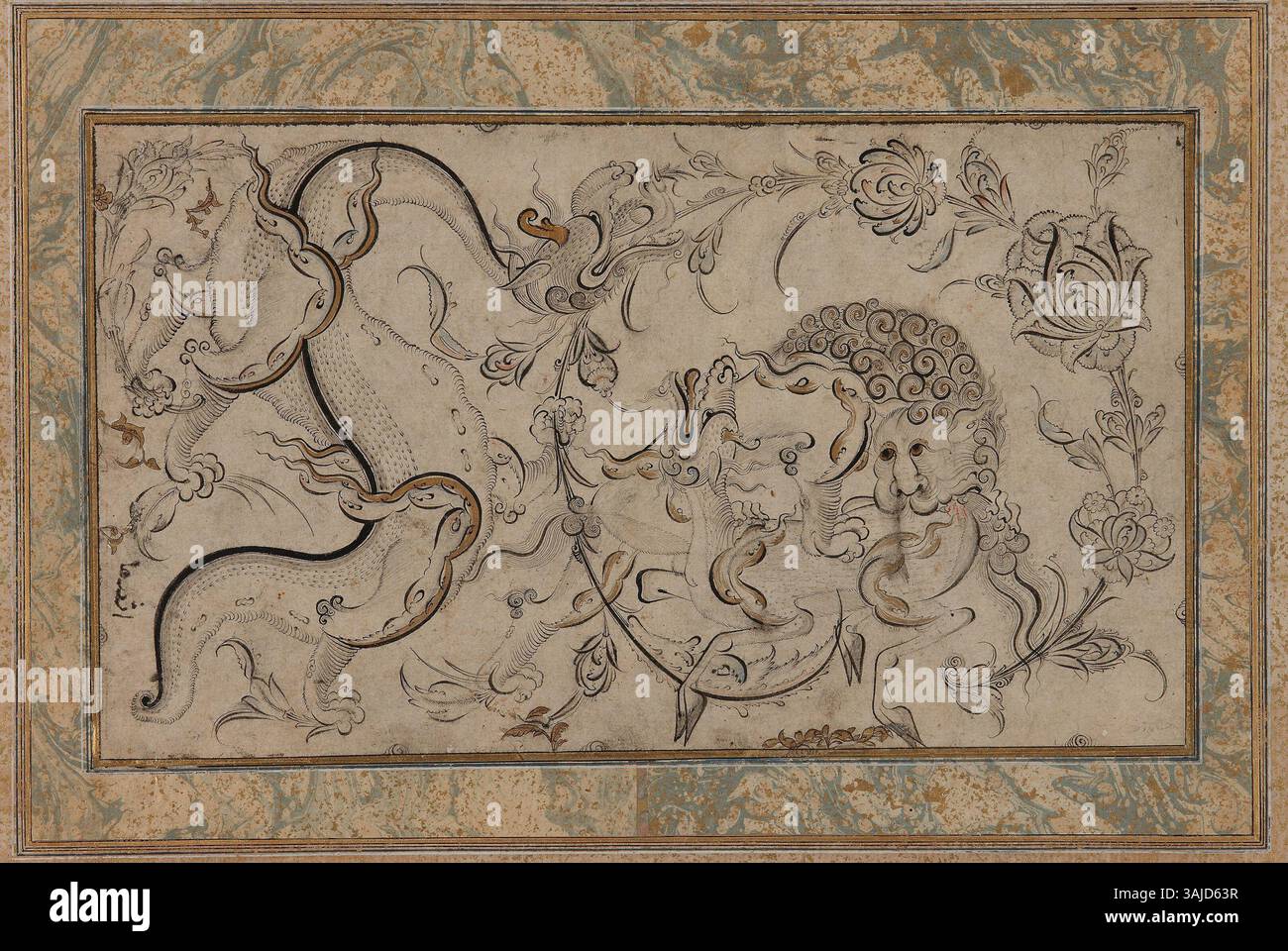 Mid-16th century album leaf featuring a lion, chi-lin (mythical ...