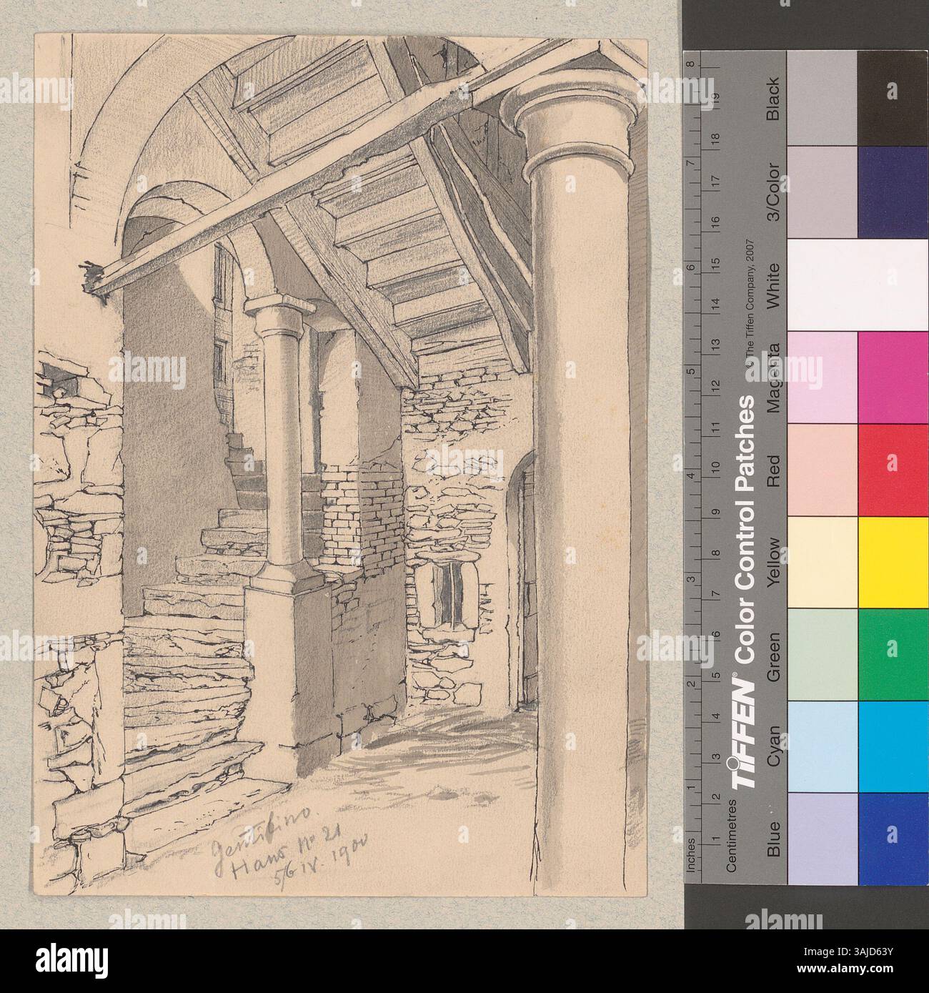 This 1900 drawing by Johann Rudolf Rahn shows an interior view (detail) of a house in Gentilino ...