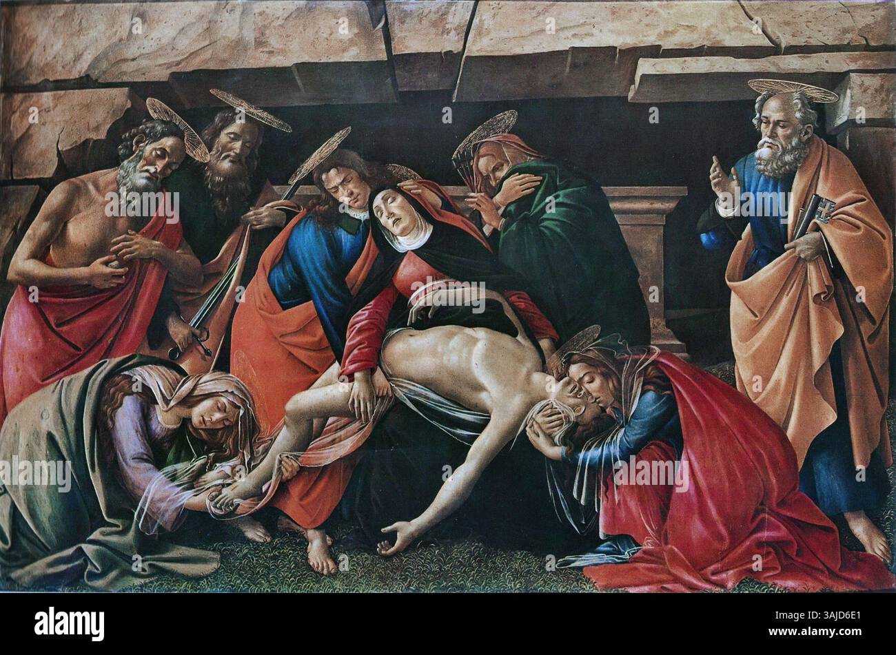 Pietà by Sandro Botticelli, an oil and tempera painting from around 1490-1495, depicting the ...