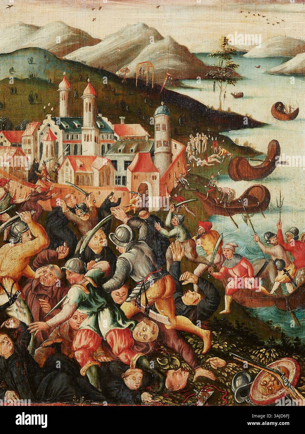 A South German painting depicting an attack on a monastery, created ...