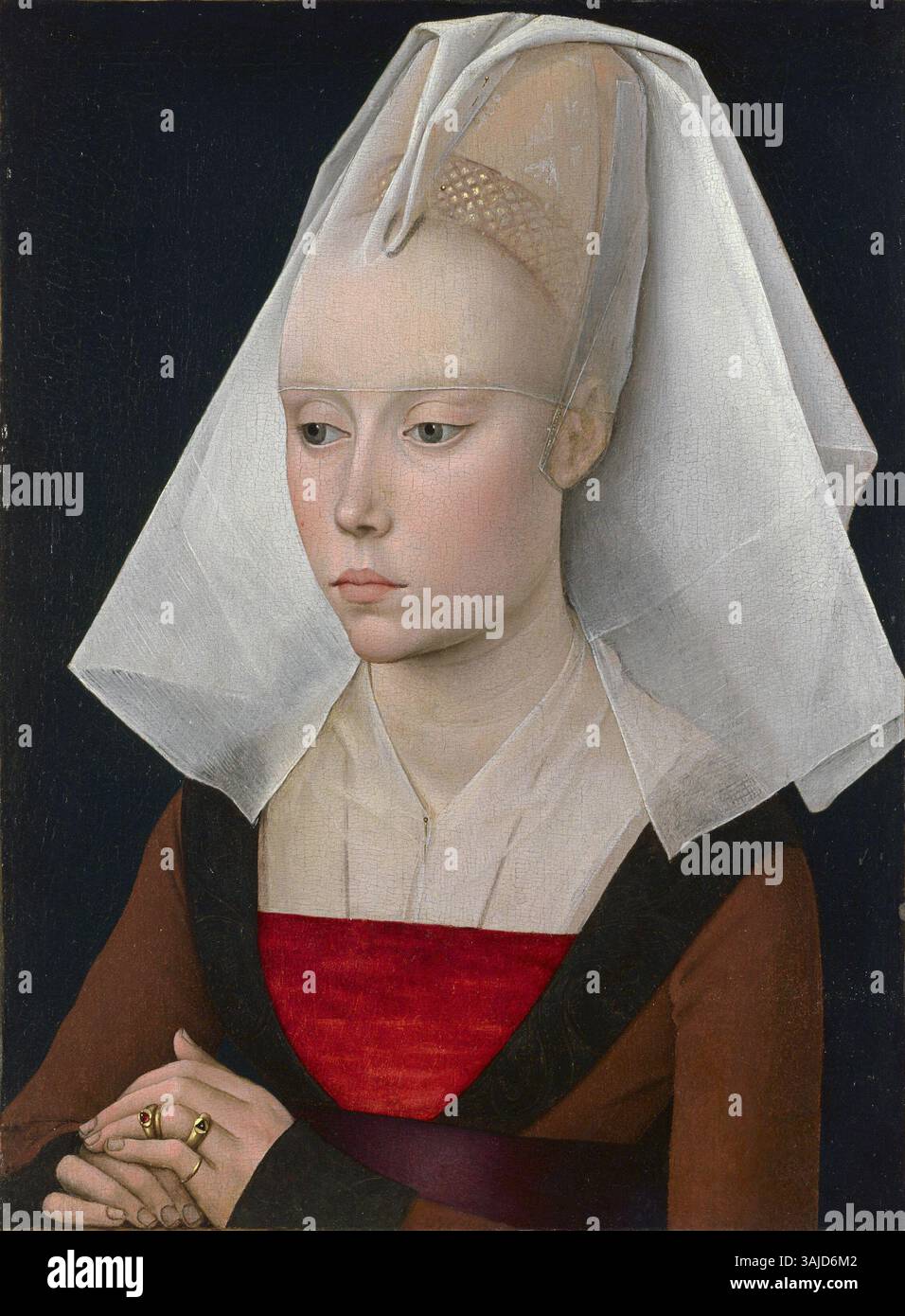 This 1460 portrait, attributed to the workshop of Rogier van der Weyden, features a lady in oil ...