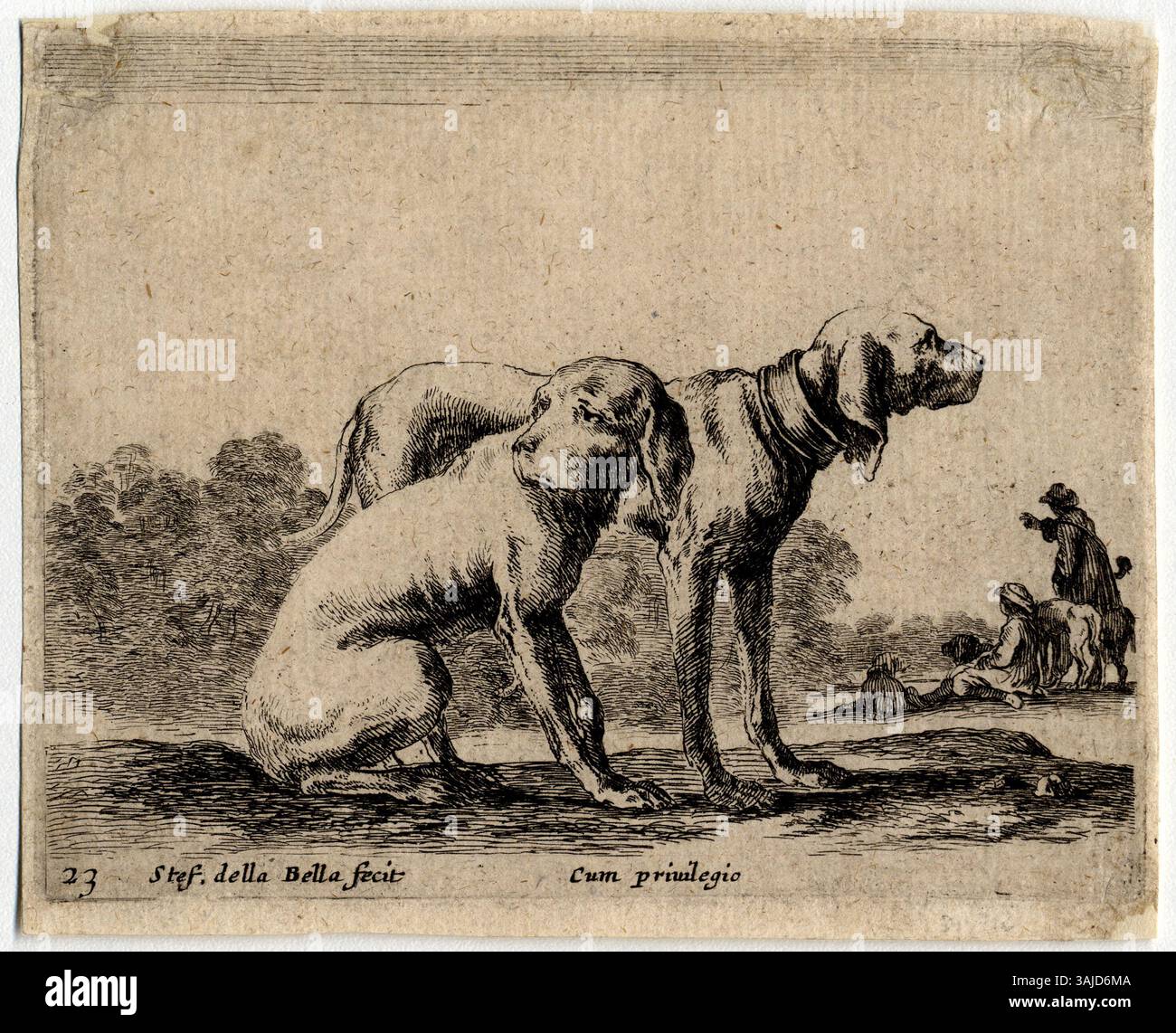 Print depicting two hunting dogs facing right, created between 1610 and ...