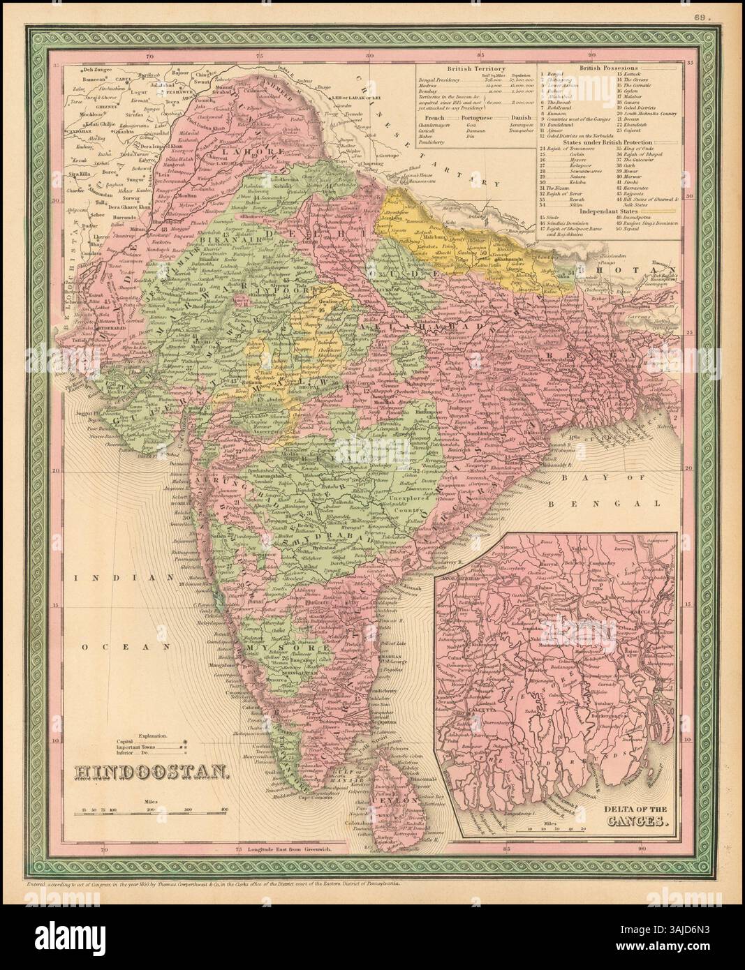 This 1852 map by Thomas Cowperthwait & Co depicts the geographical features and political ...