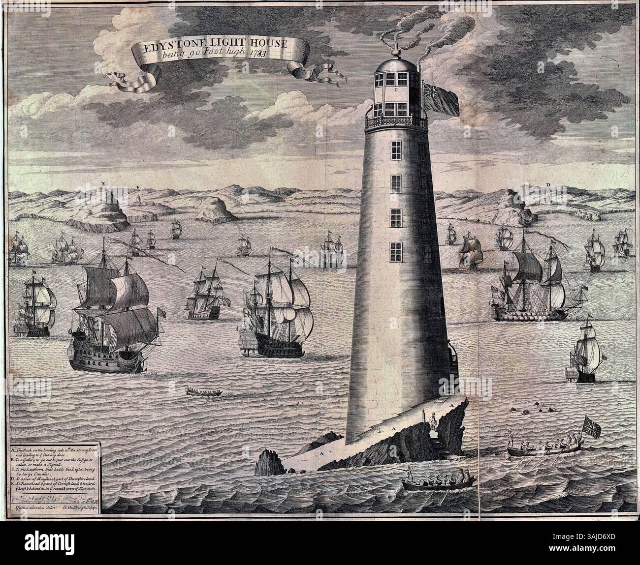 This 1733 print by Henry Hulsbergh depicts the Edystone Lighthouse, an ...