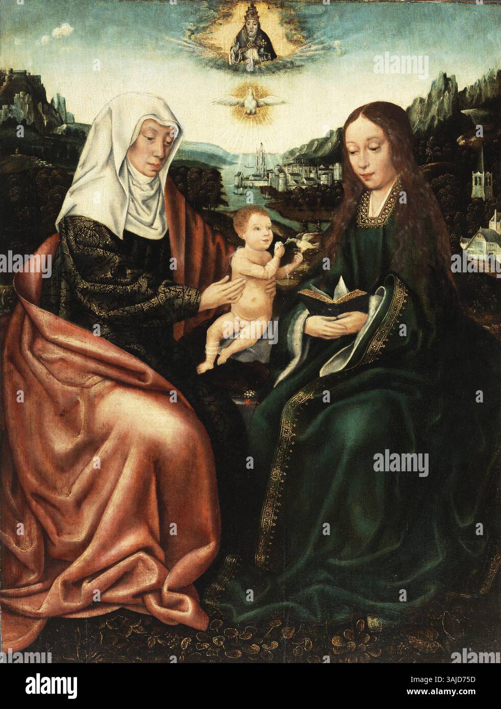 The 'Anna Selbdritt' painting, attributed to the Workshop of the Master of Frankfurt, depicts ...