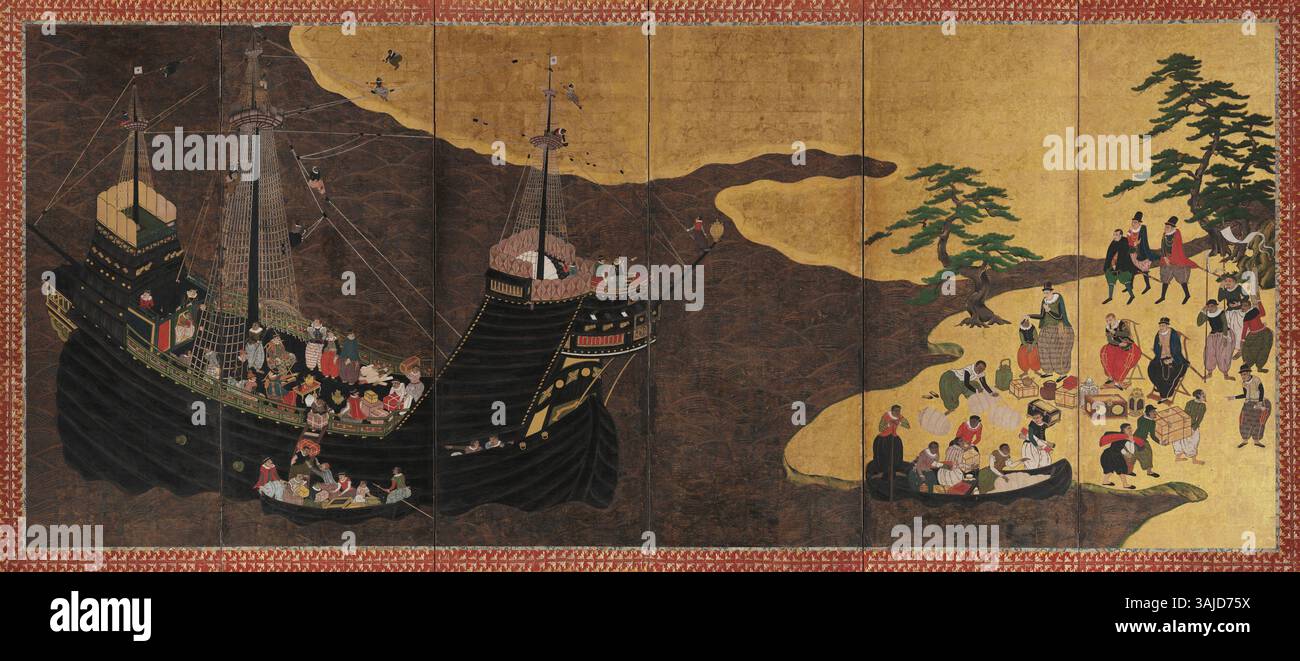 Nanban folding screen, attributed to Kano Domi, depicting Portuguese ...