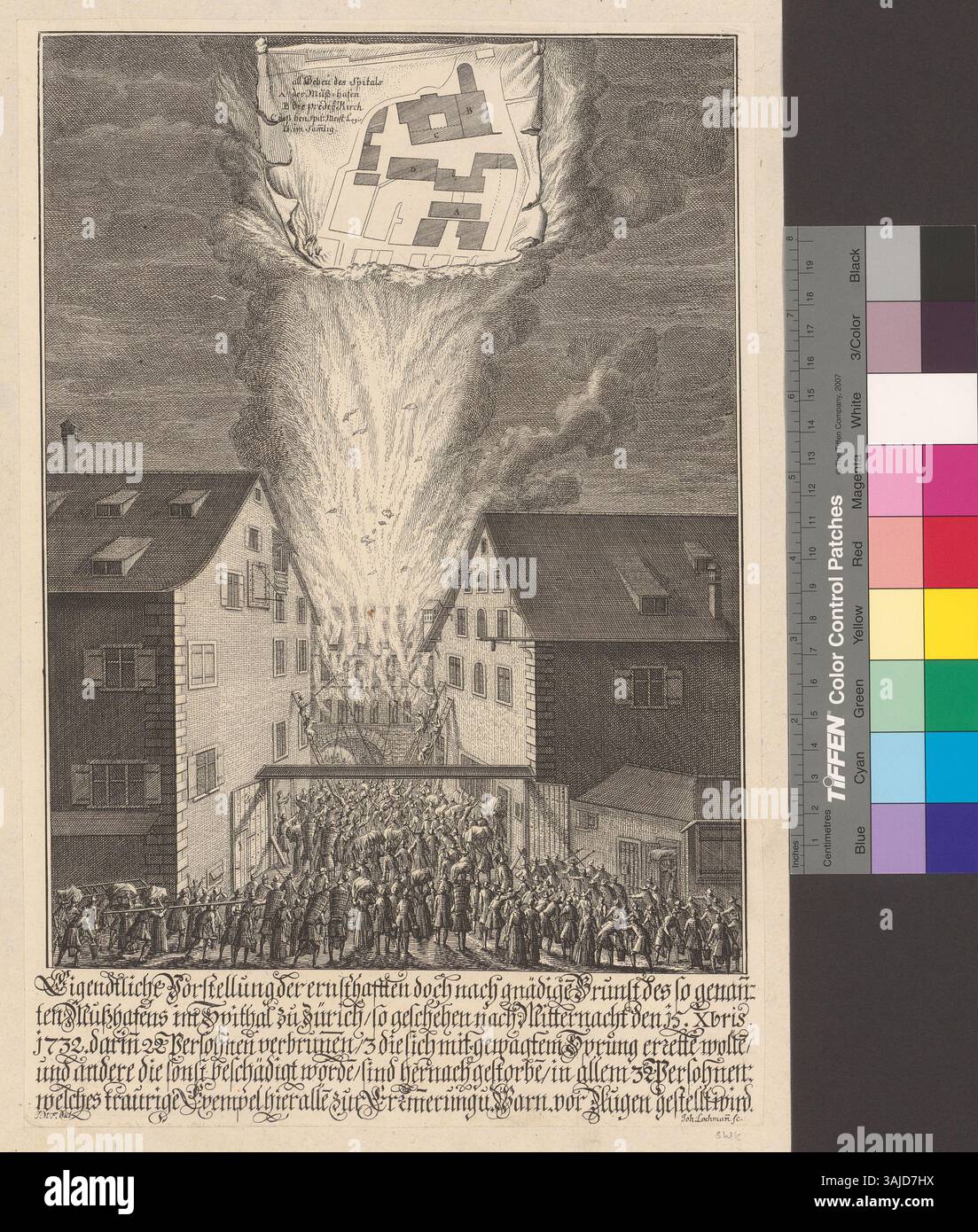 This 1732 etching by Johann Lochmann depicts the fire at the Musshafen ...