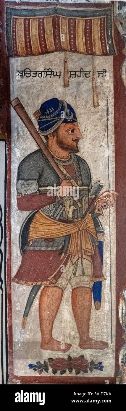 Fresco of Bhai Bachittar Singh, a Sikh warrior, located at Gurdwara Baba Atal, Amritsar ...