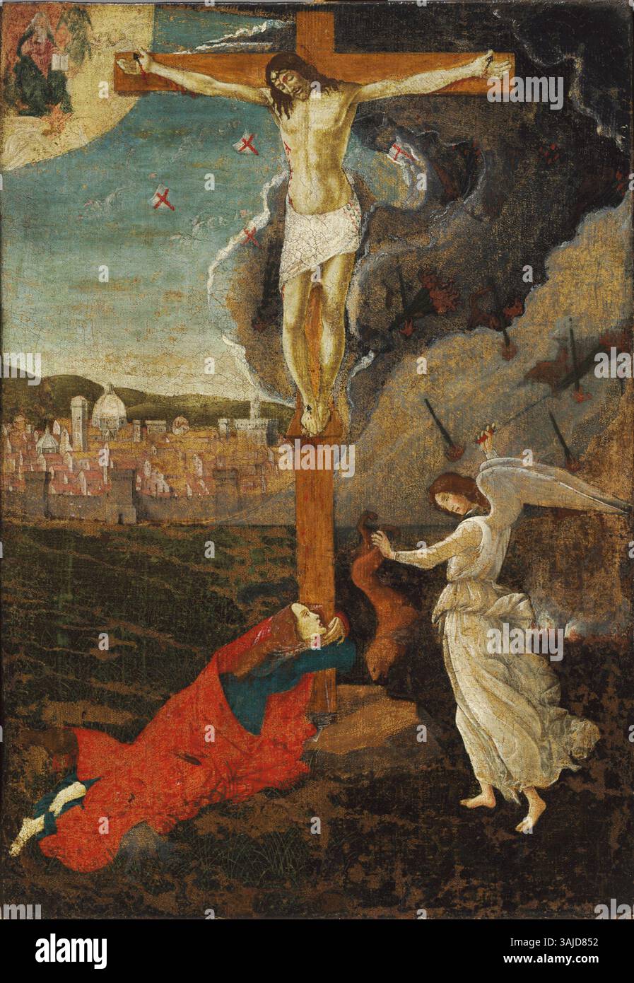 The 'Mystic Crucifixion' by Sandro Botticelli, circa 1500, depicts the crucifixion of Jesus with ...