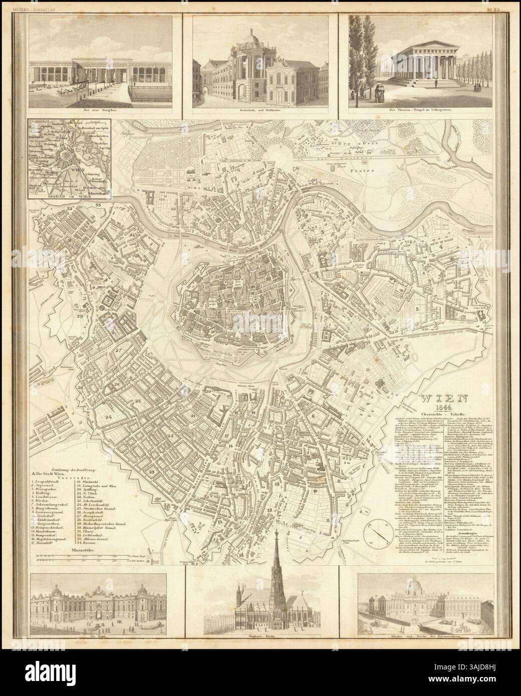 An 1844 map of Vienna by Joseph Meyer, depicting the city's layout and ...
