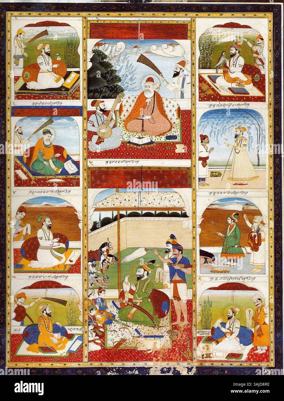 A painting from the early 19th century, depicting all the Sikh Gurus from Guru Nanak to Guru ...