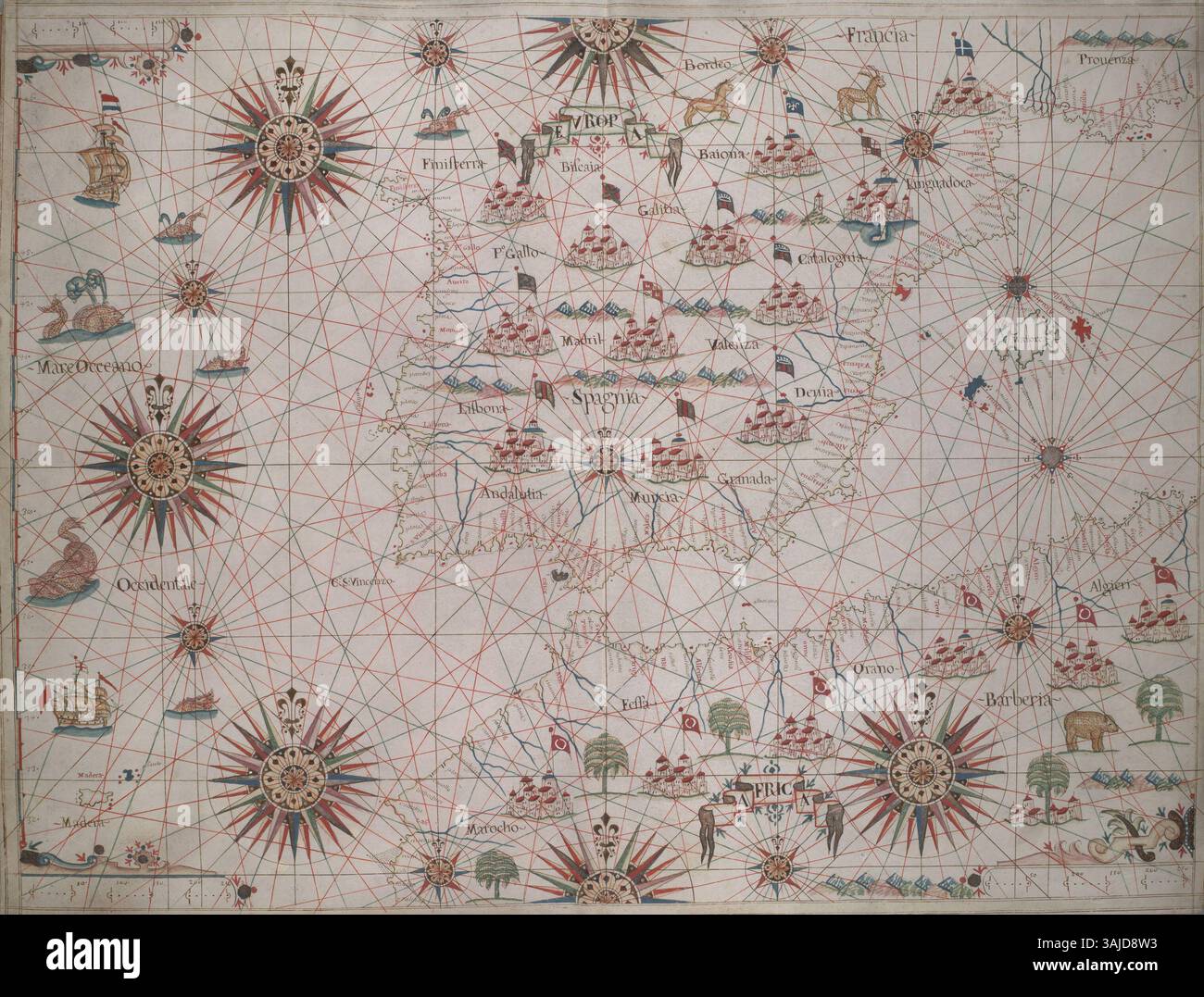 A 1677 map from Pietro Cavallini’s Portolano showing the Iberian ...
