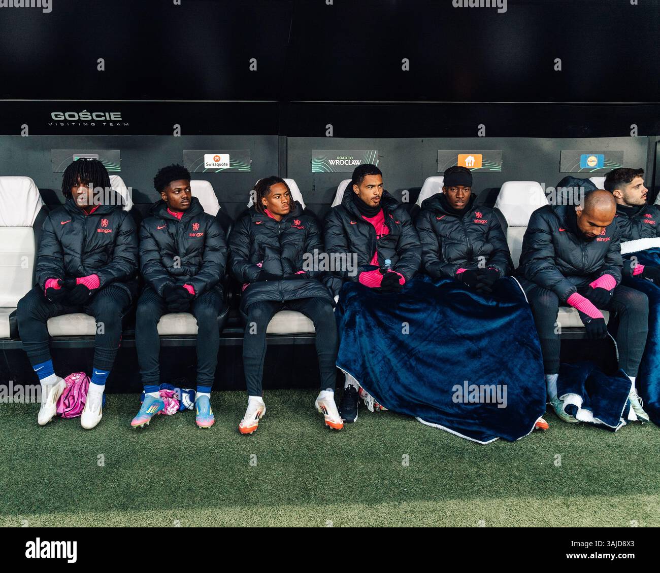 Warsaw, Poland. 10th Apr, 2025. Substitutes bench of Chelsea F.C seen ...