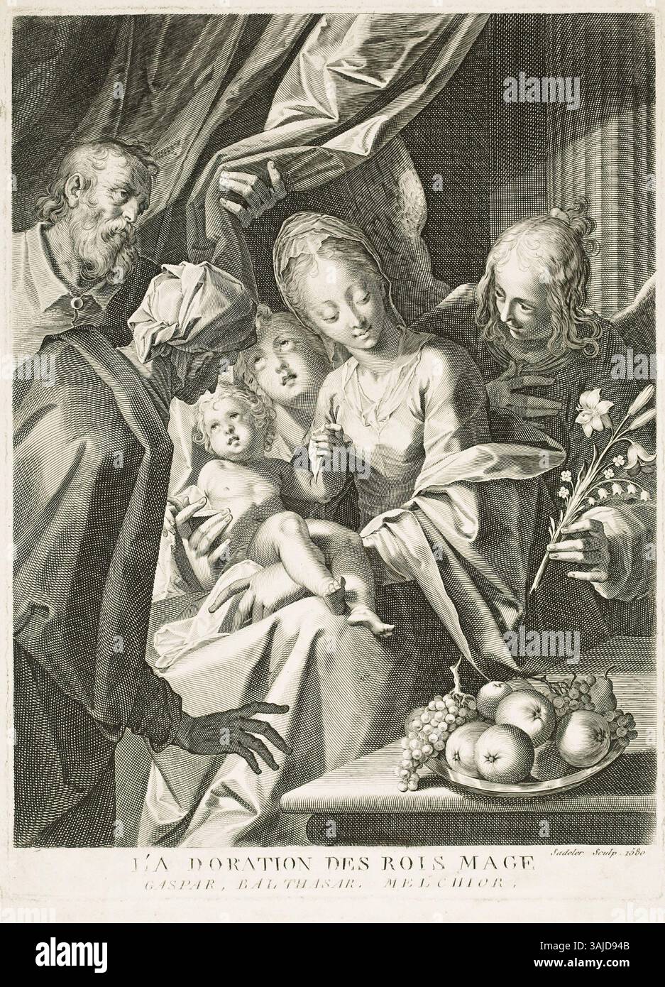 This print depicts the Holy Family with Saint Anne and two angels ...