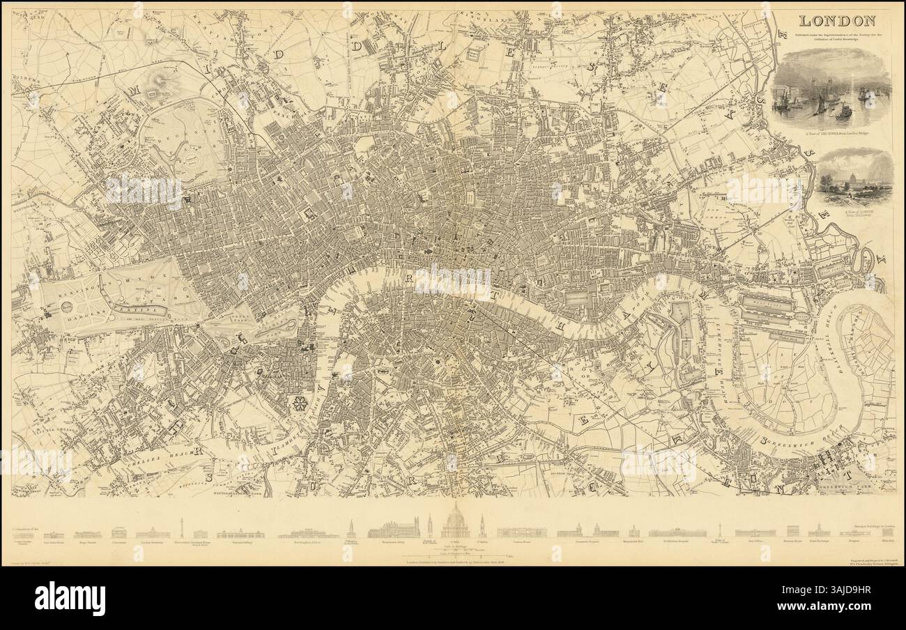A 1836 map of London by William Barnard Clarke, providing a detailed ...