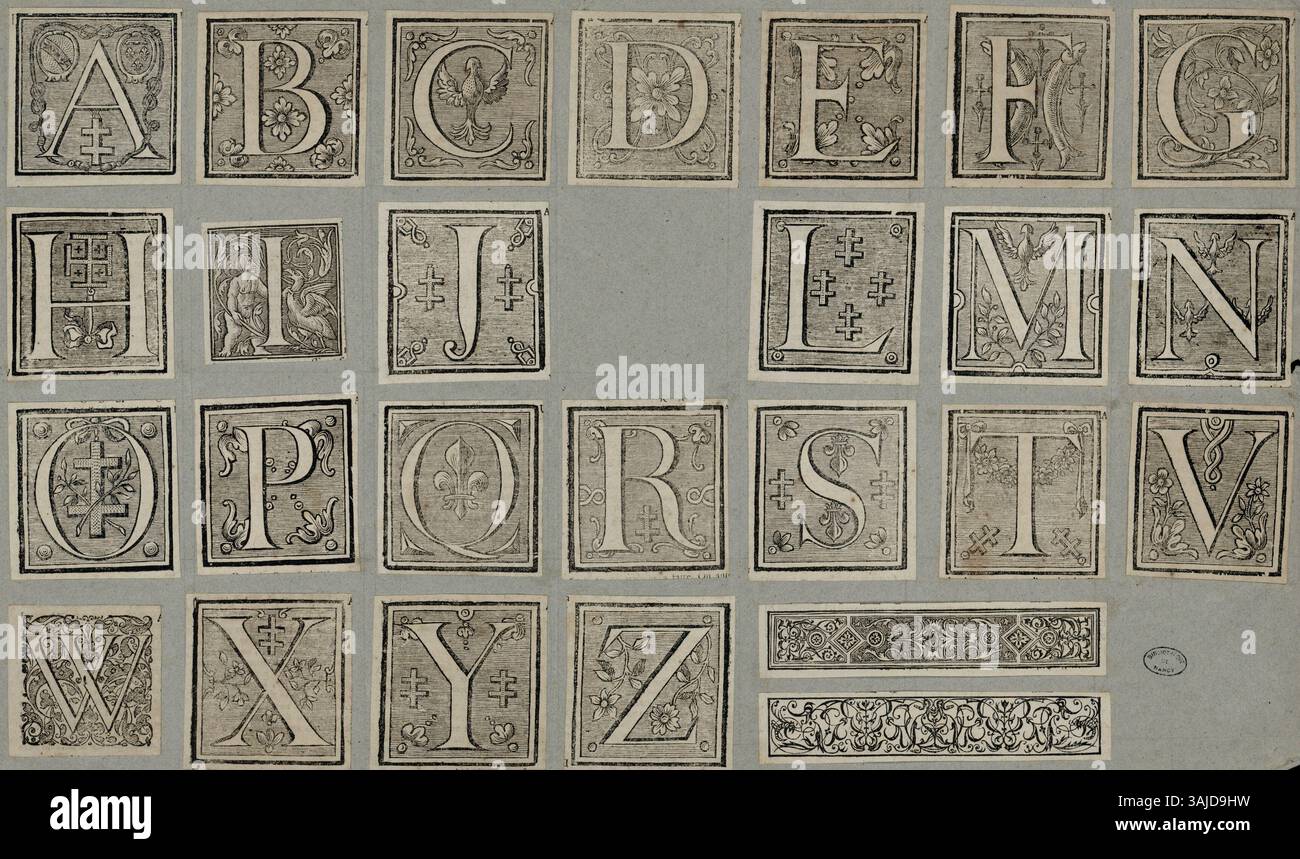 This print features 26 engraved vignettes of decorative letters ...