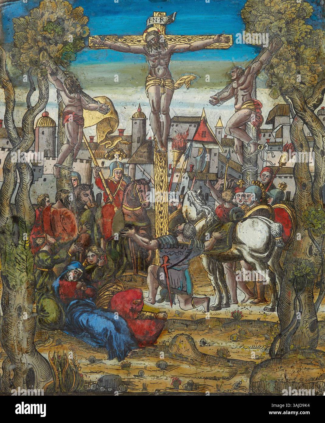 This 16th-century glass painting depicts the Mount Calvary scene in the ...