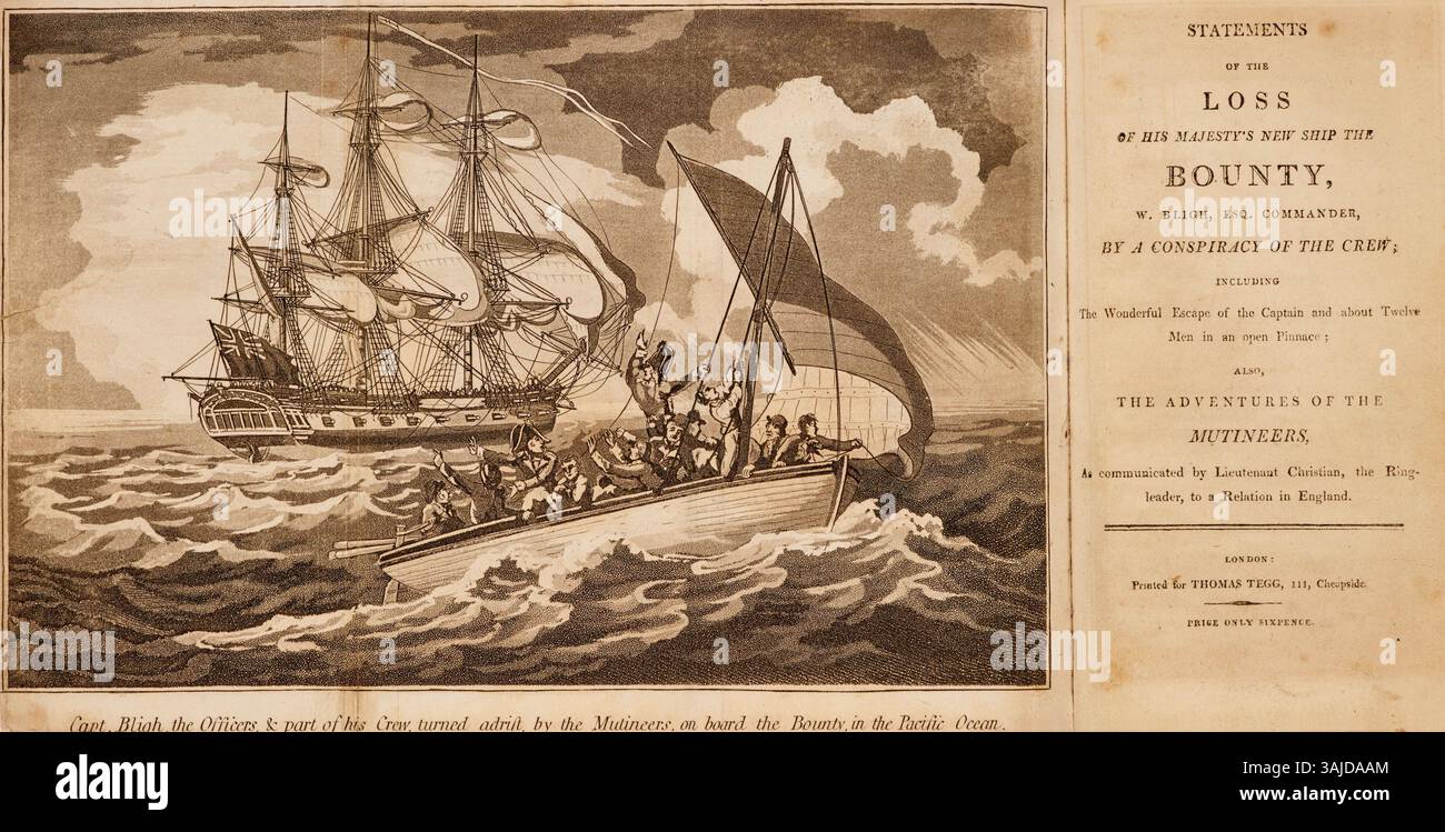 An engraving depicting Captain Bligh and part of his crew being cast ...