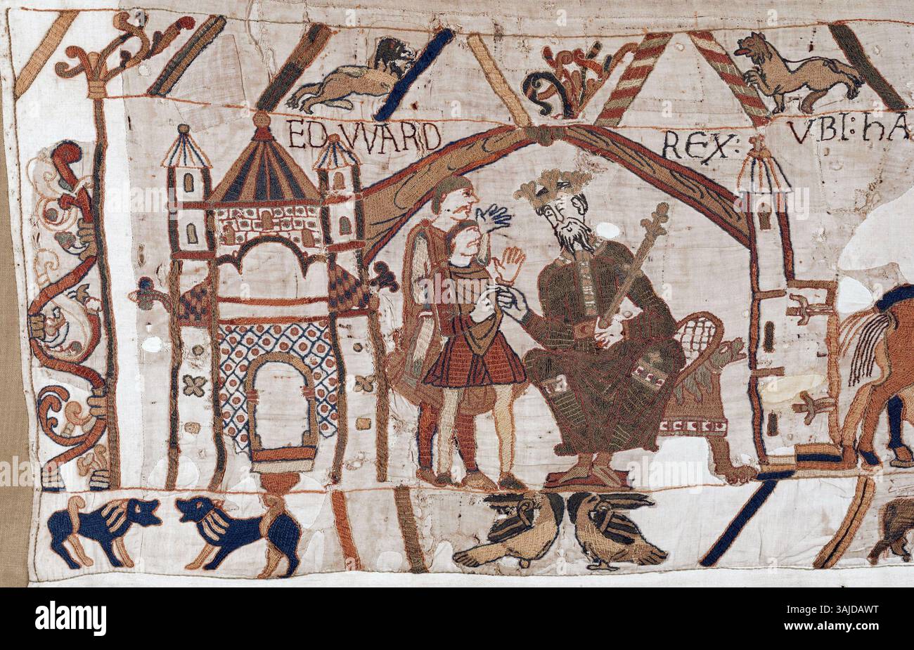 This cropped scene from the Bayeux Tapestry depicts an event from the ...