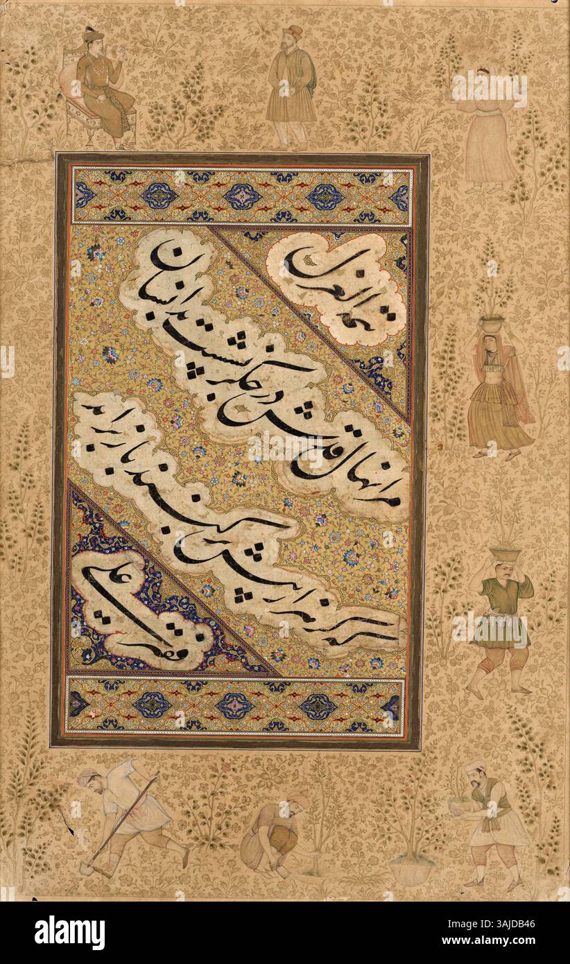 A leaf from the Muraqqa Gulshan features calligraphy and paintings by ...